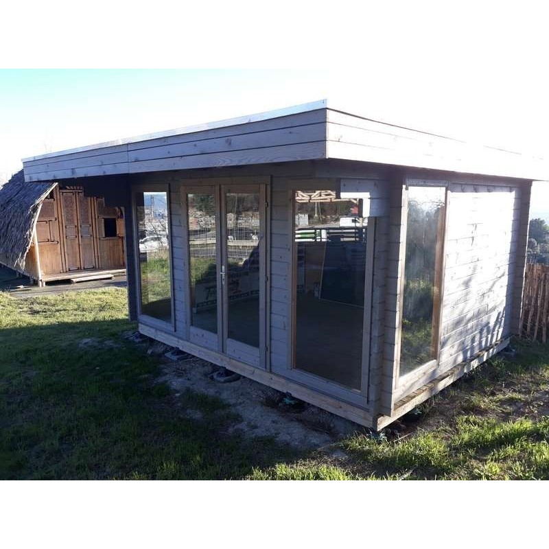Chalet en bois 14m2 Lamai 350x435cm - 44mm - Toit plat très lumineux