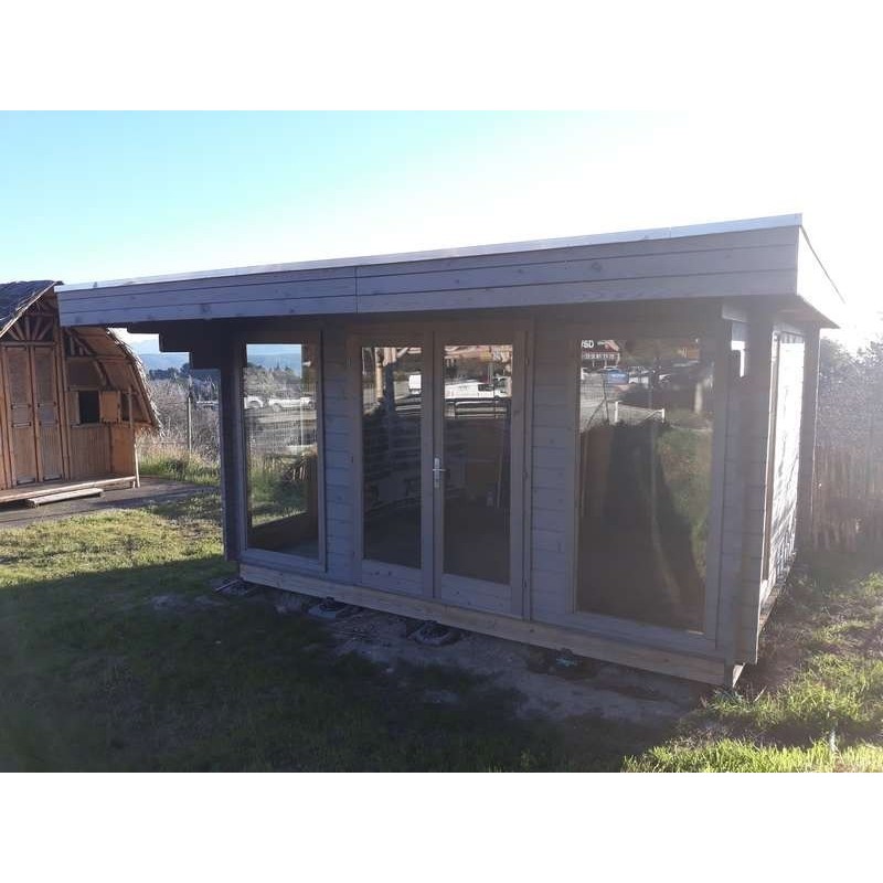 Chalet en bois 14m2 Lamai 350x435cm - 44mm - Toit plat très lumineux