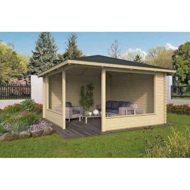 Kiosque en bois 16m2 Marit 400x400cm toiture 4 pentes madriers de 44mm