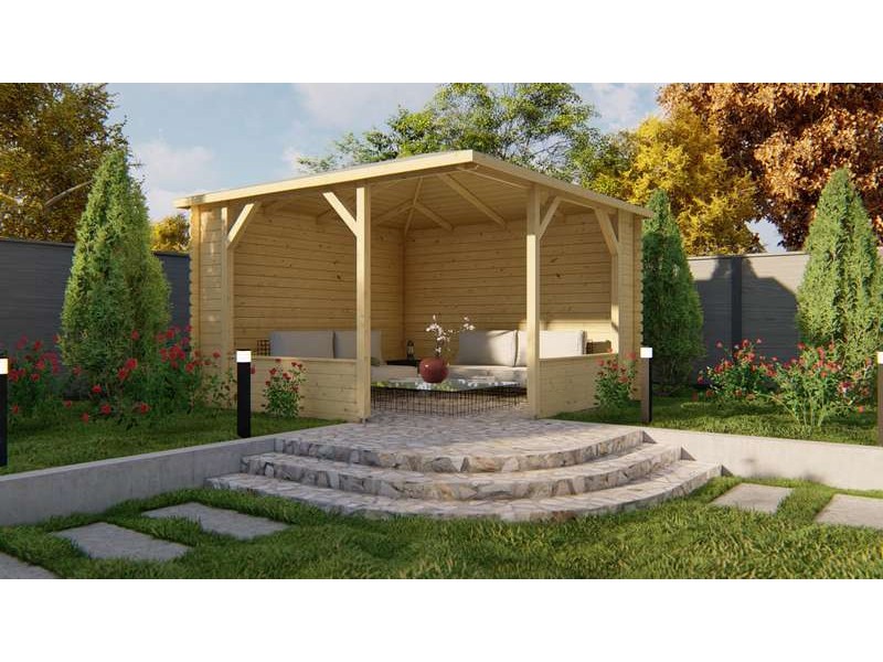 Kiosque bois 12m2 Michel 350x350 - 28mm - design avec toiture 4 pentes