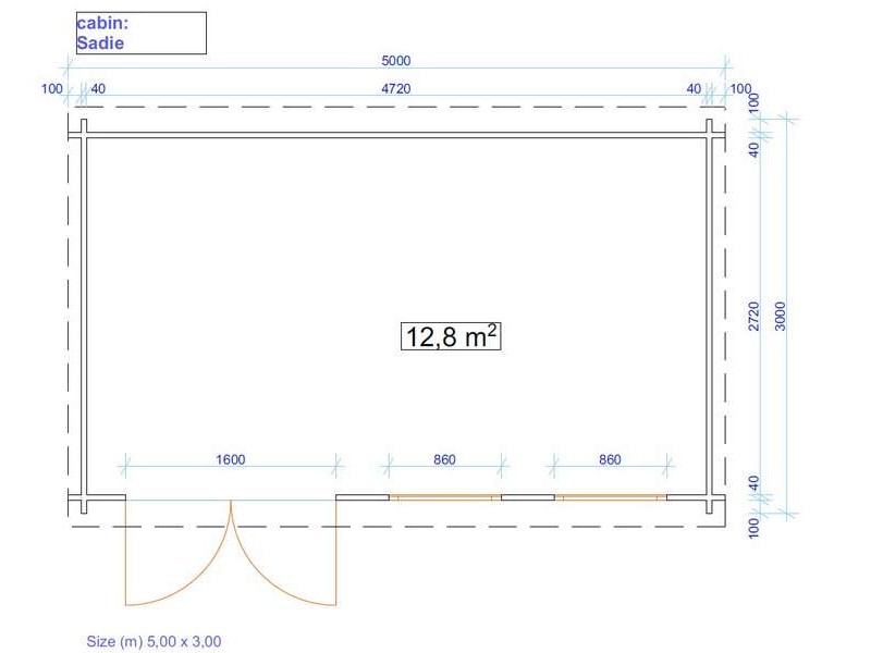 Chalet en bois 15m2 SABINE 500x300cm avec toit plat porte double 40mm