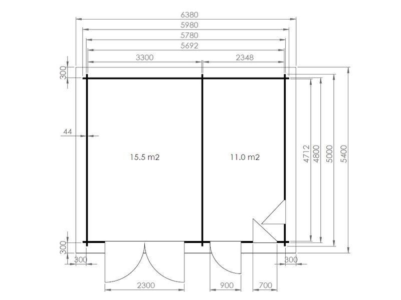 Garage voiture en bois Mota 30m2 500x600cm - 44mm - Double vitrage
